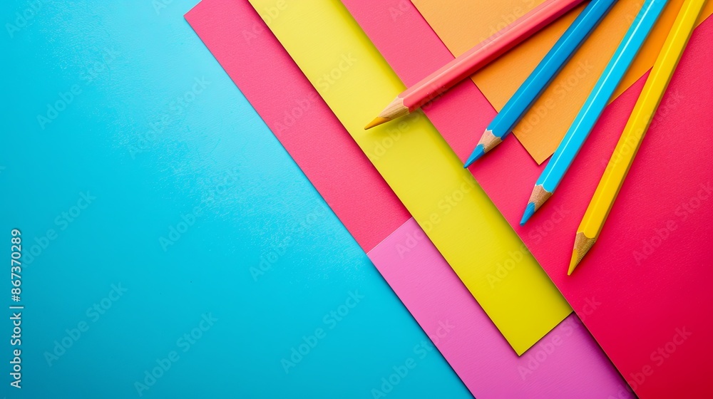 School background with colored paper and colored pencils Stock ...