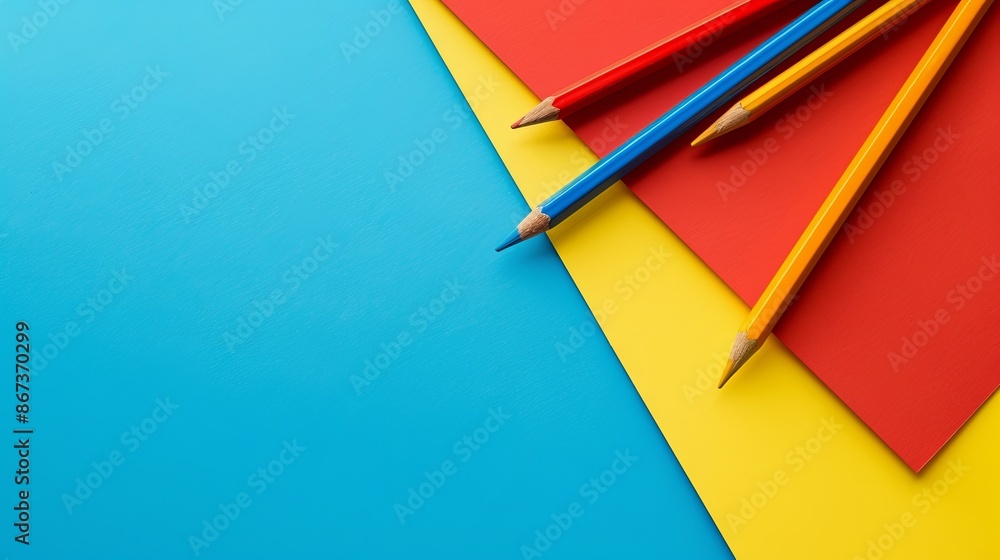 School background with colored paper and colored pencils Stock ...