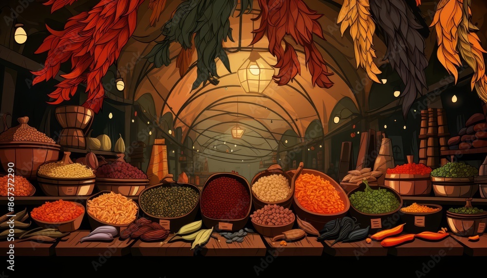 Spice market background with aromatic spices, flat design, top view ...
