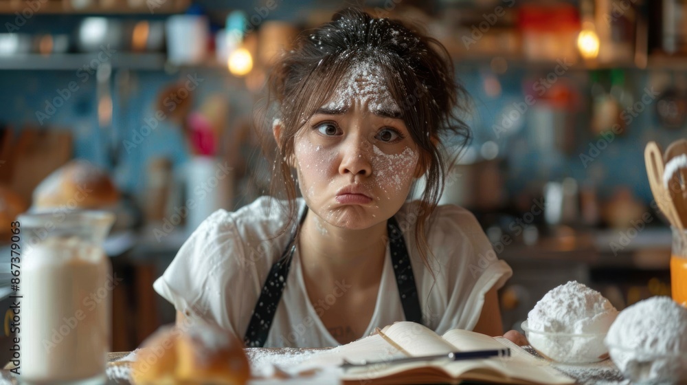 Frustrated Baker Covered in Flour - Young female baker with a flour ...