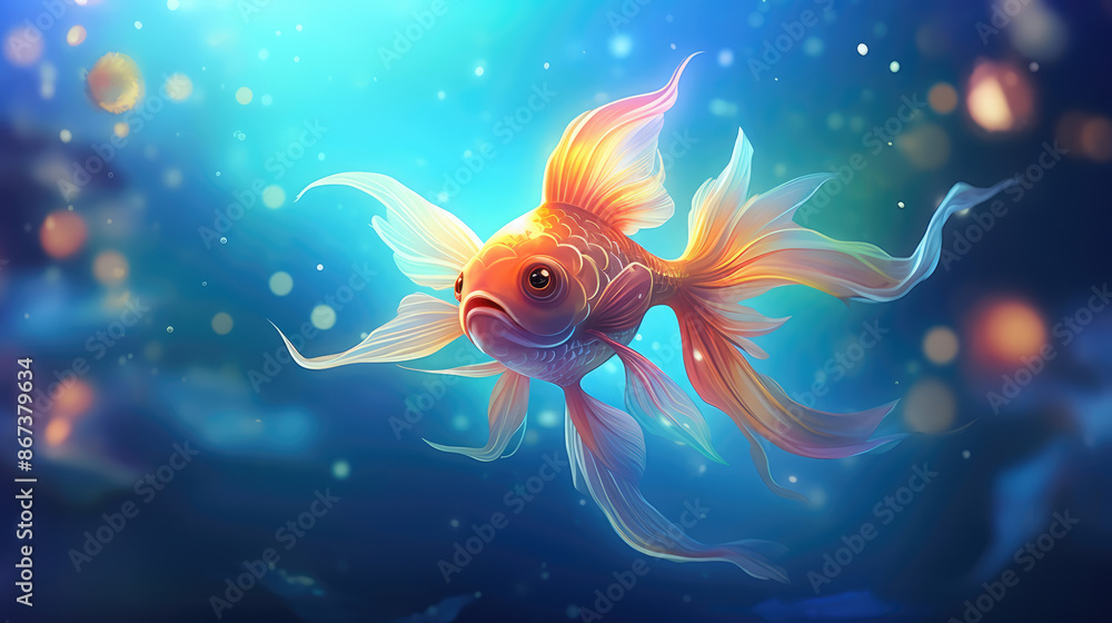 Fantasy background with a beautiful glowing magical goldfish, bokeh ...