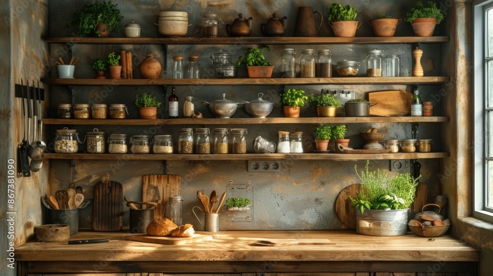 Rustic Kitchen Scene: Capture a rustic kitchen background with wooden ...