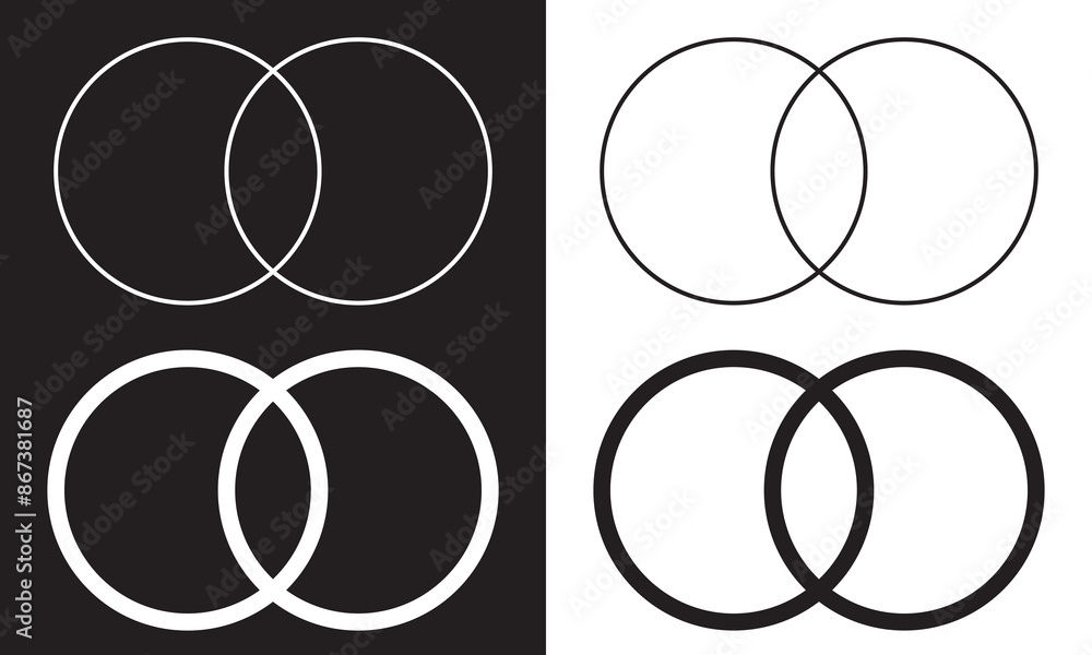 Simple overlapping circles vector drawing, version with three to seven objects, also interlocked ...