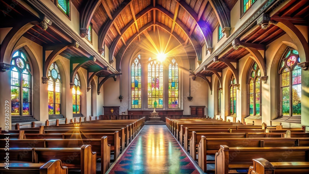 Empty church pews with sunlight shining through stained glass windows ...