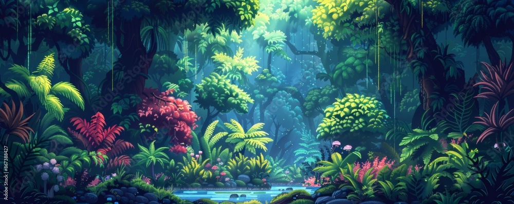 A pixel art rendition of a dense rainforest teeming with life, its trees towering overhead and ...