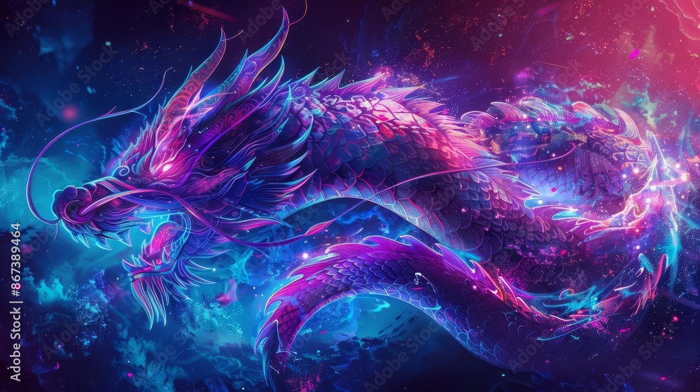 Traditional Chinese dragon ink painting, transformed with a synthwave ...