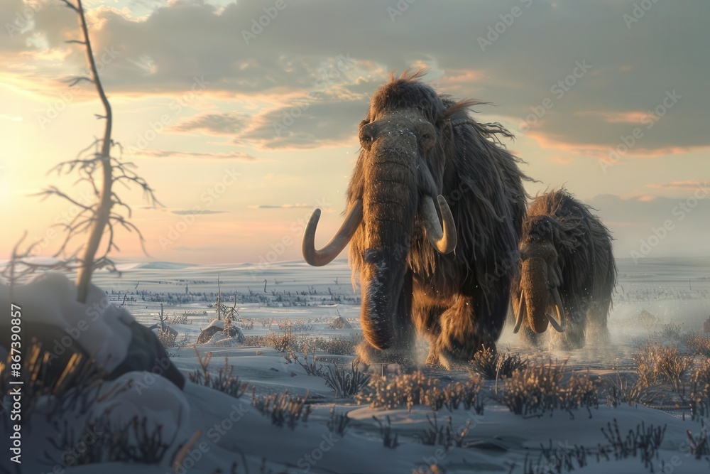 prehistoric scene featuring a pair of woolly mammoths traversing a ...