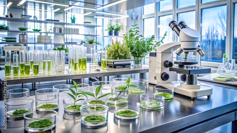 Sterile laboratory setup with petri dishes, microscopes, and various ...