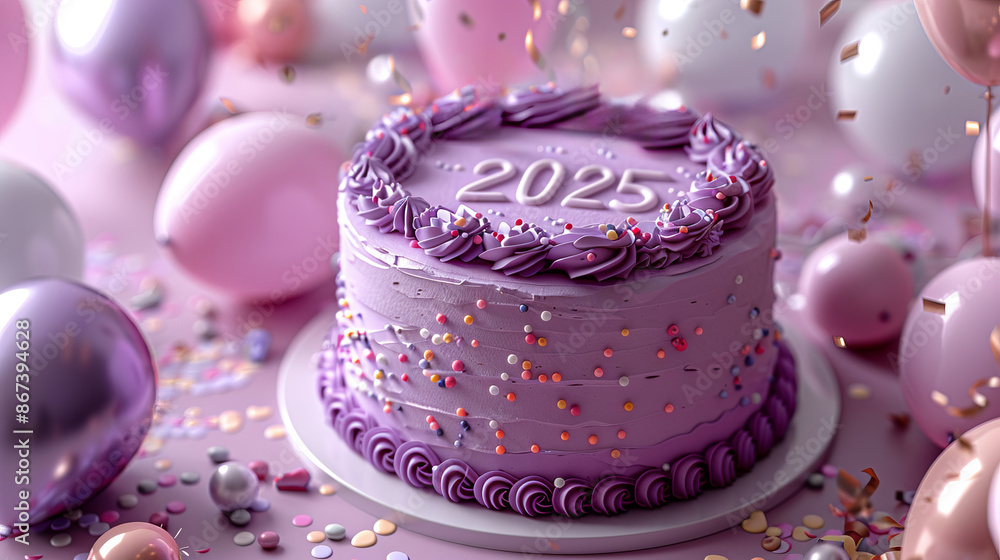 Purple birthday cake with text 2025 written on it, balloons and ...