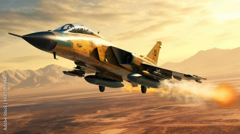 Combat military fighter rapidly takes off at high speed from the runway ...