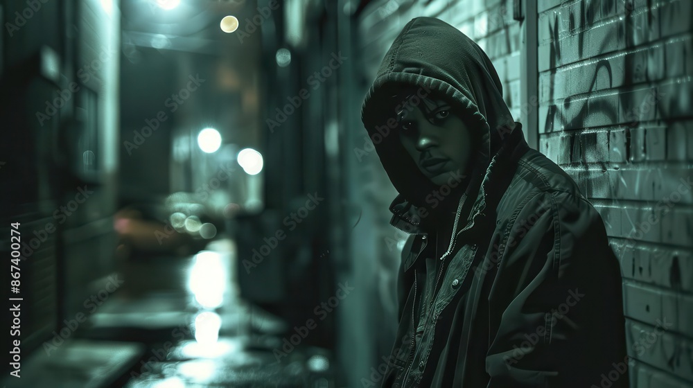 young drug dealer in shadowy urban alley tense body language conveying ...
