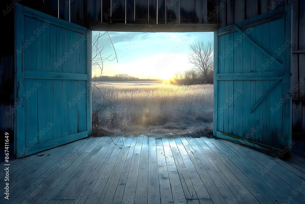 Backdrop of a large open blue barn door with the sun shining through ...