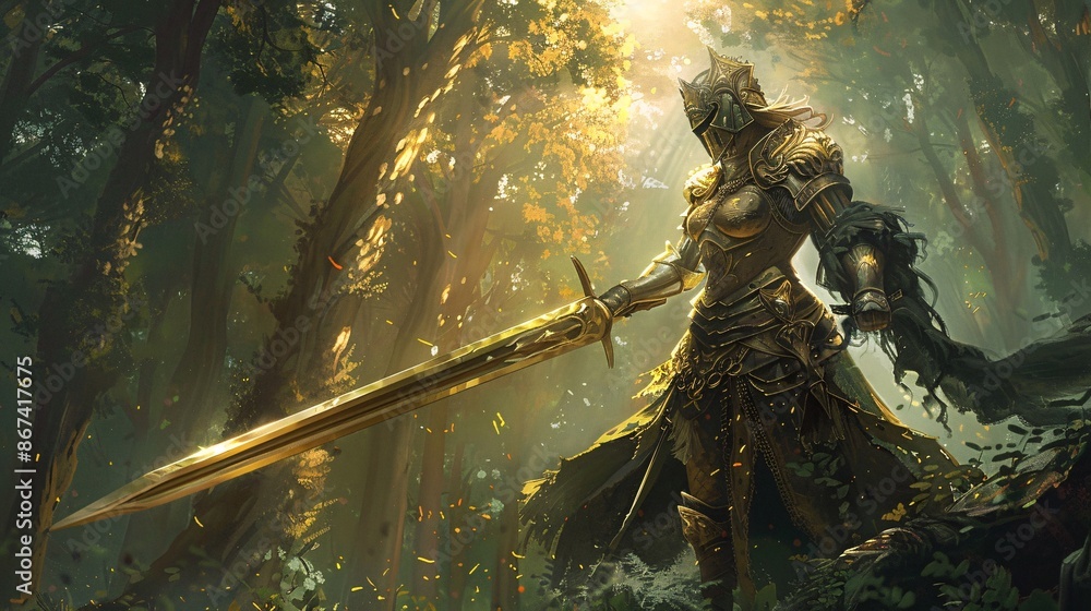 A powerful female knight in shining plate armor wielding a large ...