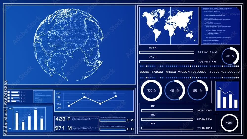 Futuristic data dashboard with global map, charts, and analytics in blue digital interface ...
