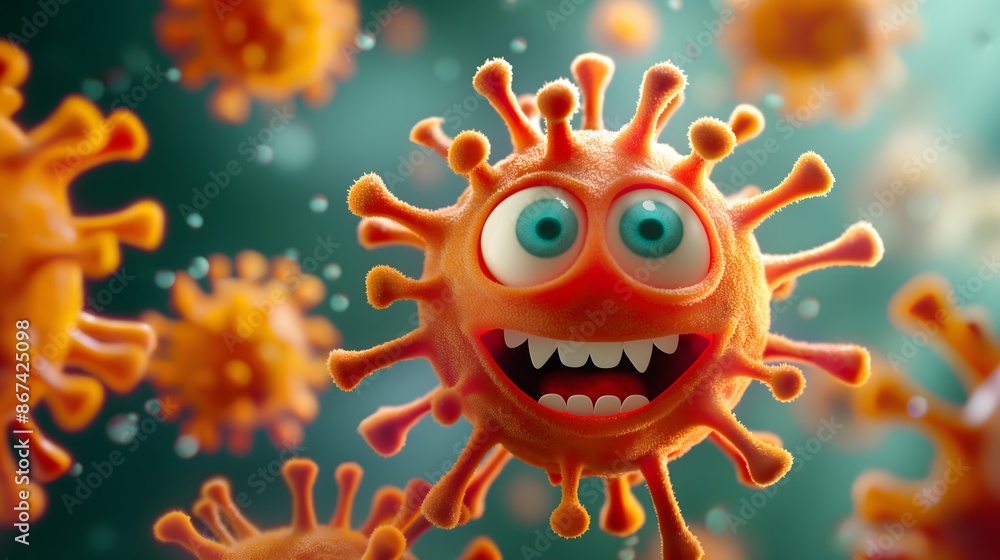 1. Generate a 3D cartoon image of a friendly virus with googly eyes and ...