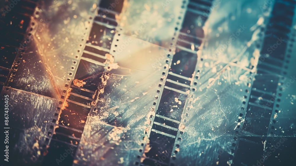 Distressed film strips lying in a chaotic manner, depicting an aged ...