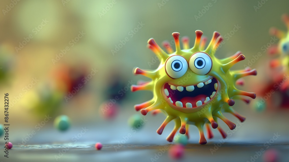 1. Generate a 3D cartoon image of a friendly virus with googly eyes and ...