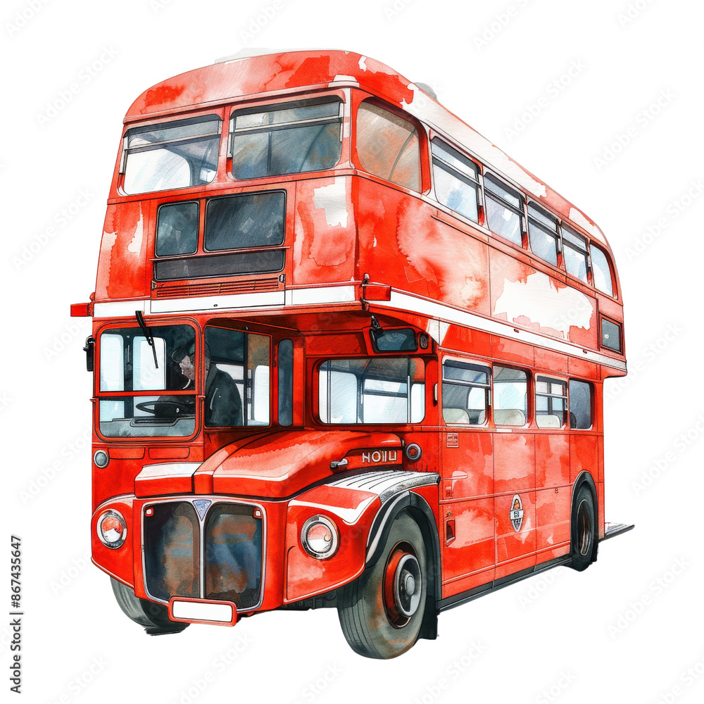 Watercolor illustration of iconic red double-decker bus showcasing ...