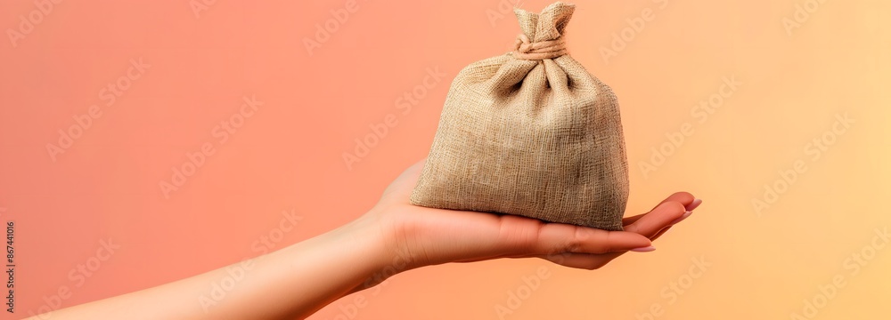 5. Produce an image of a woman's hand holding a bulging money sack ...
