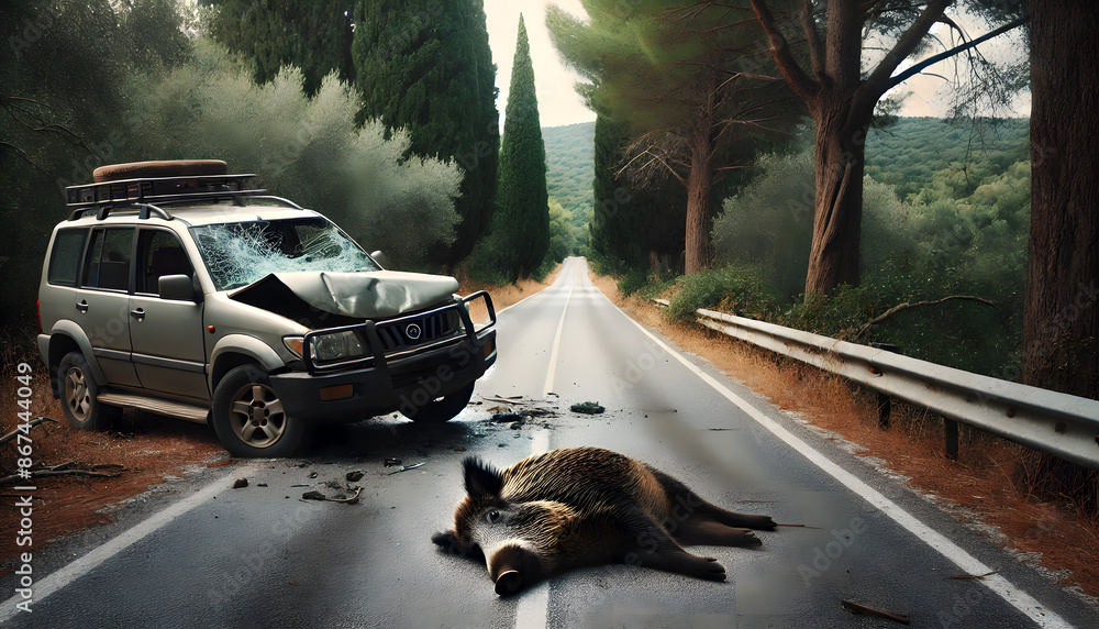 Road accident caused by a wild boar on an asphalt forest road. Road ...