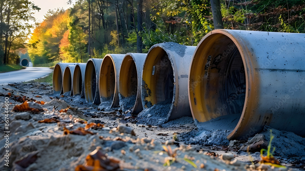 Concrete drainage pipe system installation on road sides for urban ...