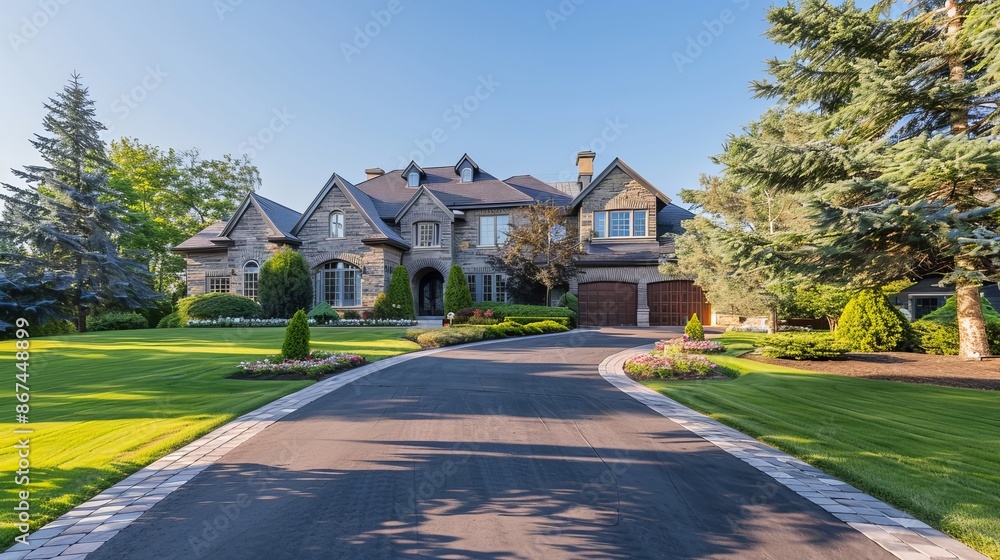 This image showcases a grand mansion with a beautifully maintained lawn ...