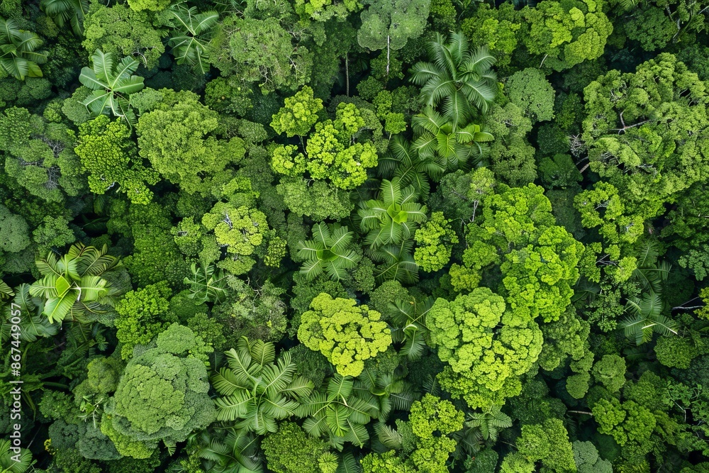 This vibrant aerial image showcases the lush canopy of a tropical ...