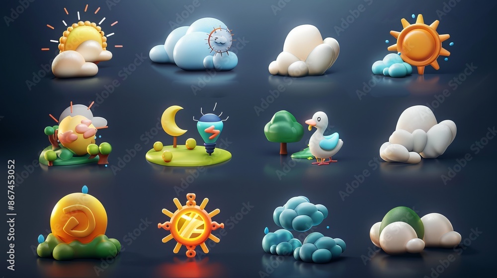 This set depicts twelve 3D cartoon weather icons, each representing ...