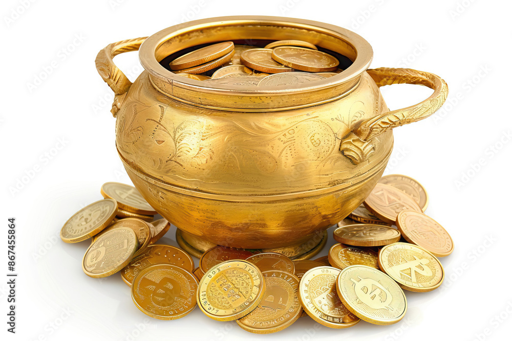 Golden pot filled with overflowing gold coins, a classic symbol of ...