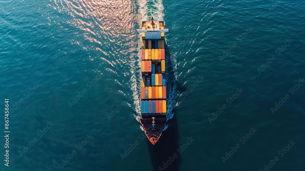 An aerial photograph capturing a cargo ship navigating through the blue ...