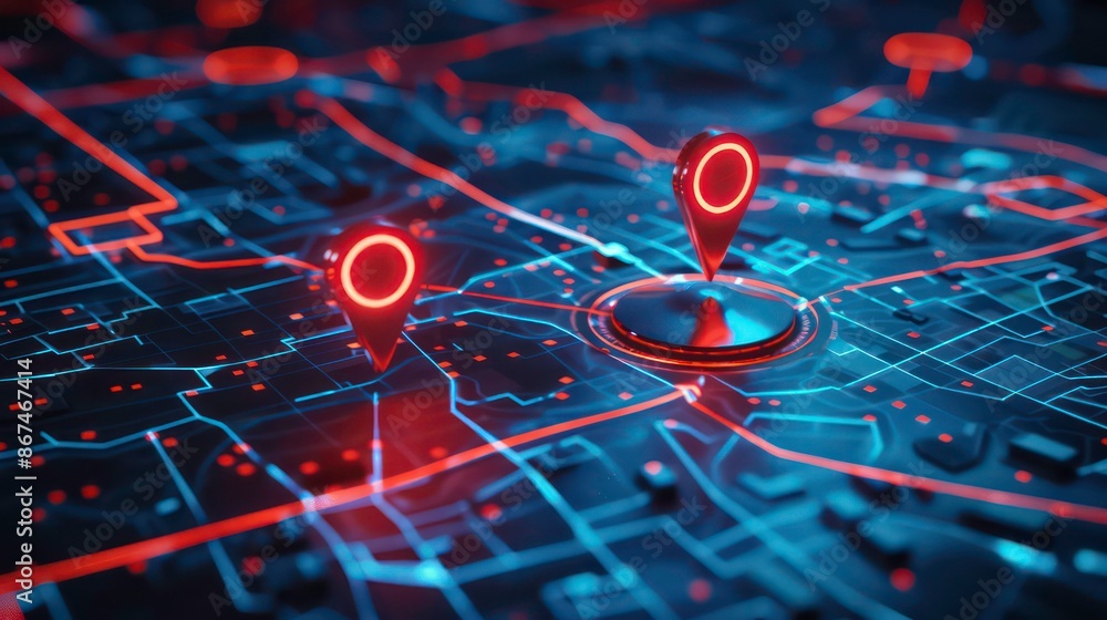 A digital map displaying a location with two pins set, representing AI technology in GPS ...