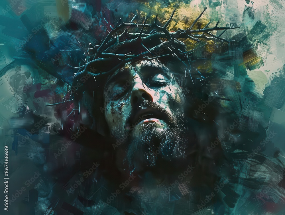 ethereal digital painting of jesus wearing crown of thorns face ...