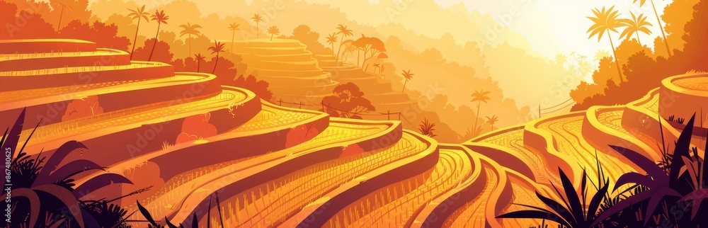 Scenic illustration of golden rice terraces at sunset. Asian landscape ...