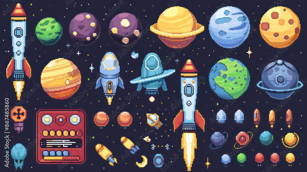 An 8bit pixel art game asset collection, featuring space planets, rockets, and starcraft ...