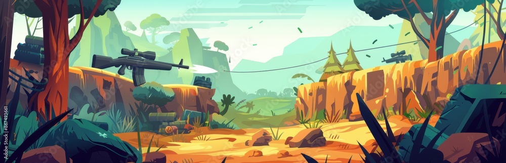 Cartoon illustration of a jungle battlefield with bunkers, guns, and ...