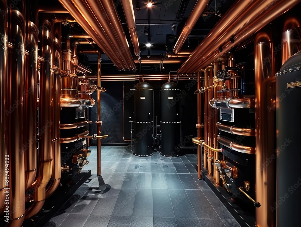 industrial chic boiler room with a maze of polished copper pipes and ...
