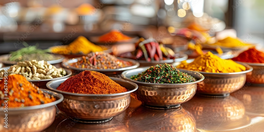 Vibrant Indian spices and food displayed on a copper table in a ...