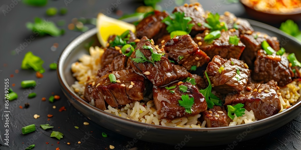 Vietnamese bo luc lac cubed beef rice on a plate. Concept Vietnamese ...