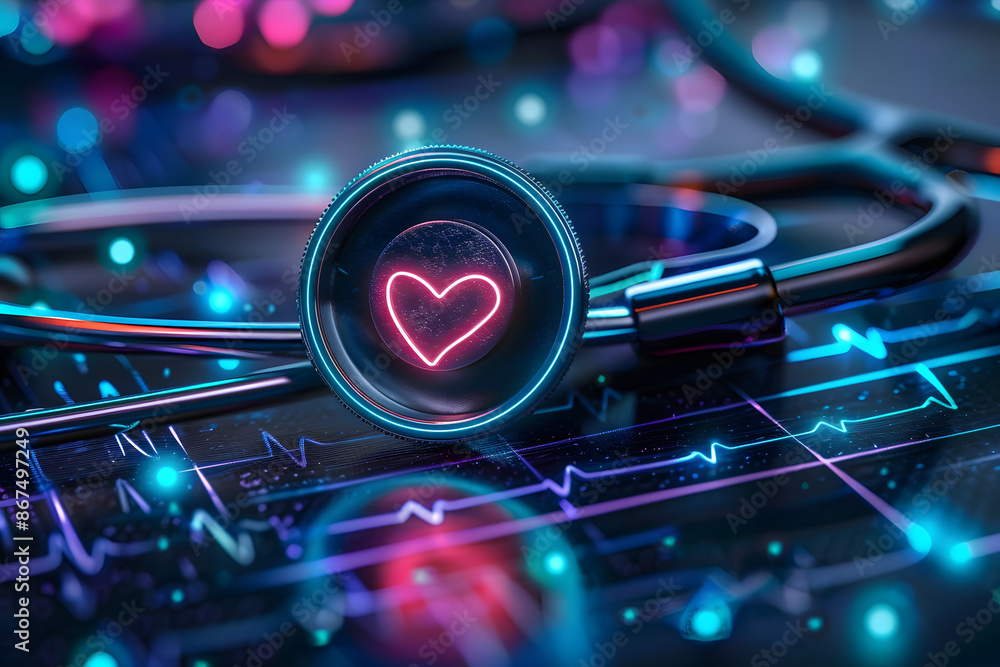 Futuristic stethoscope with neon heart in a high tech medical ...