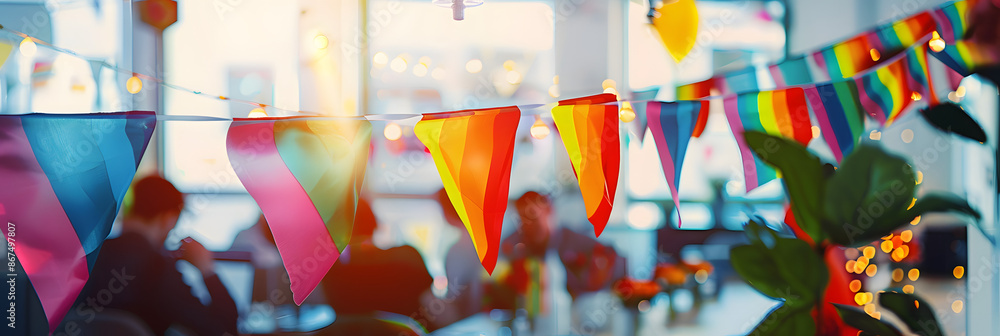 Pride month in the office. Blurred open plan vibrant creative workplace ...