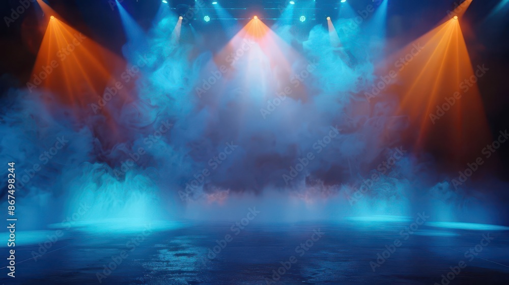 misty concert stage illuminated by powerful blue and orange spotlights ...