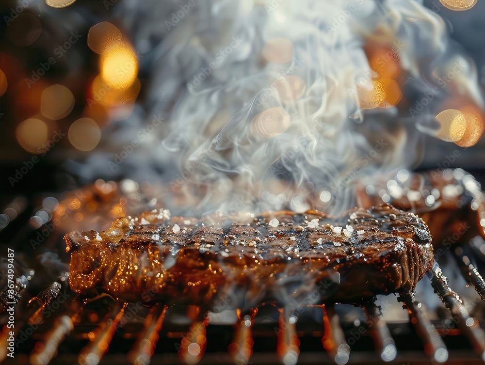 mouthwatering bbq scene with sizzling steak releasing aromatic smoke ...