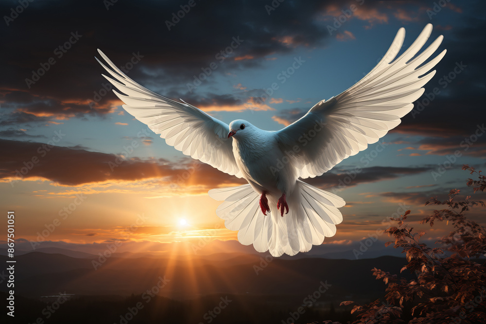 White Dove fly on Beautiful light sky and lens flare. White pigeon fly ...