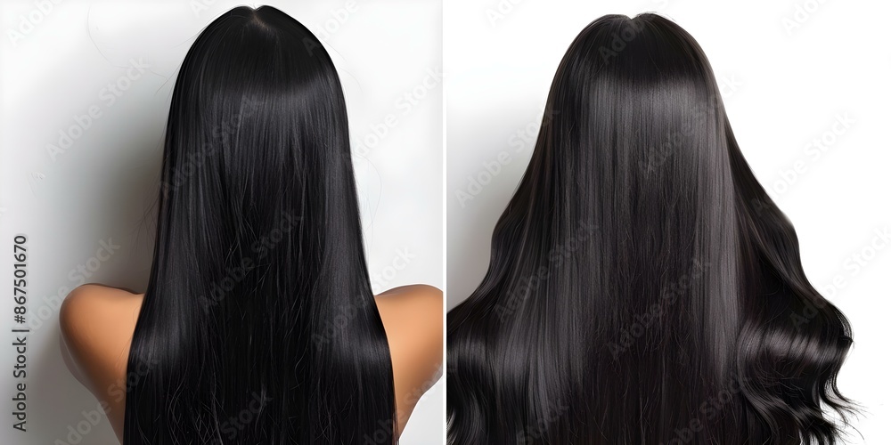 Before and after hair extensions on white background showcasing length ...