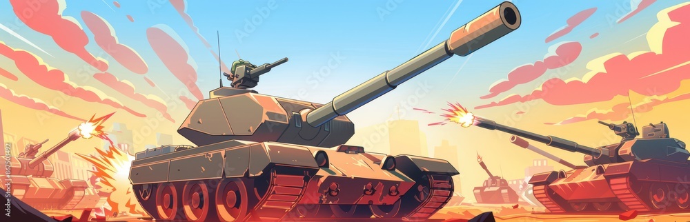 Cartoon illustration of a tank battle in a desert landscape, with ...