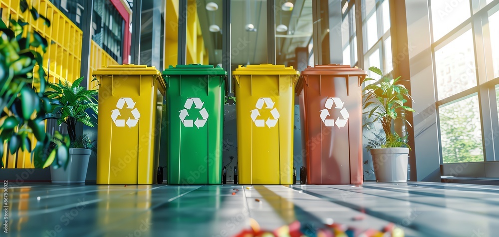 Colorful recycling bins in a modern office space, promoting ...