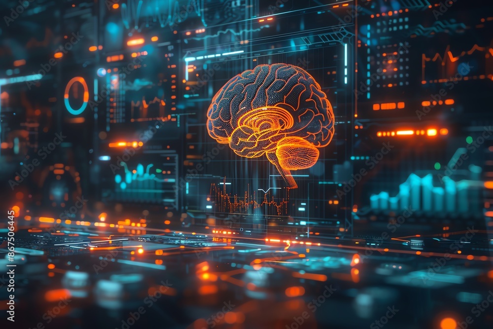 Analytical skills, double exposure brain and data charts, holographic ...