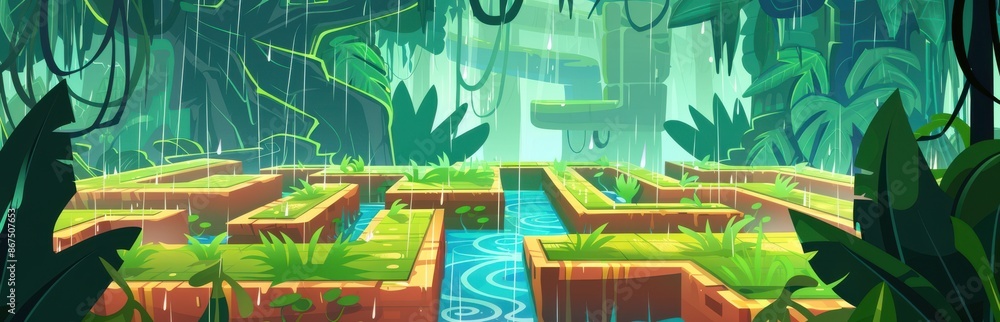 Cartoon illustration of a jungle maze with water, perfect for a game ...