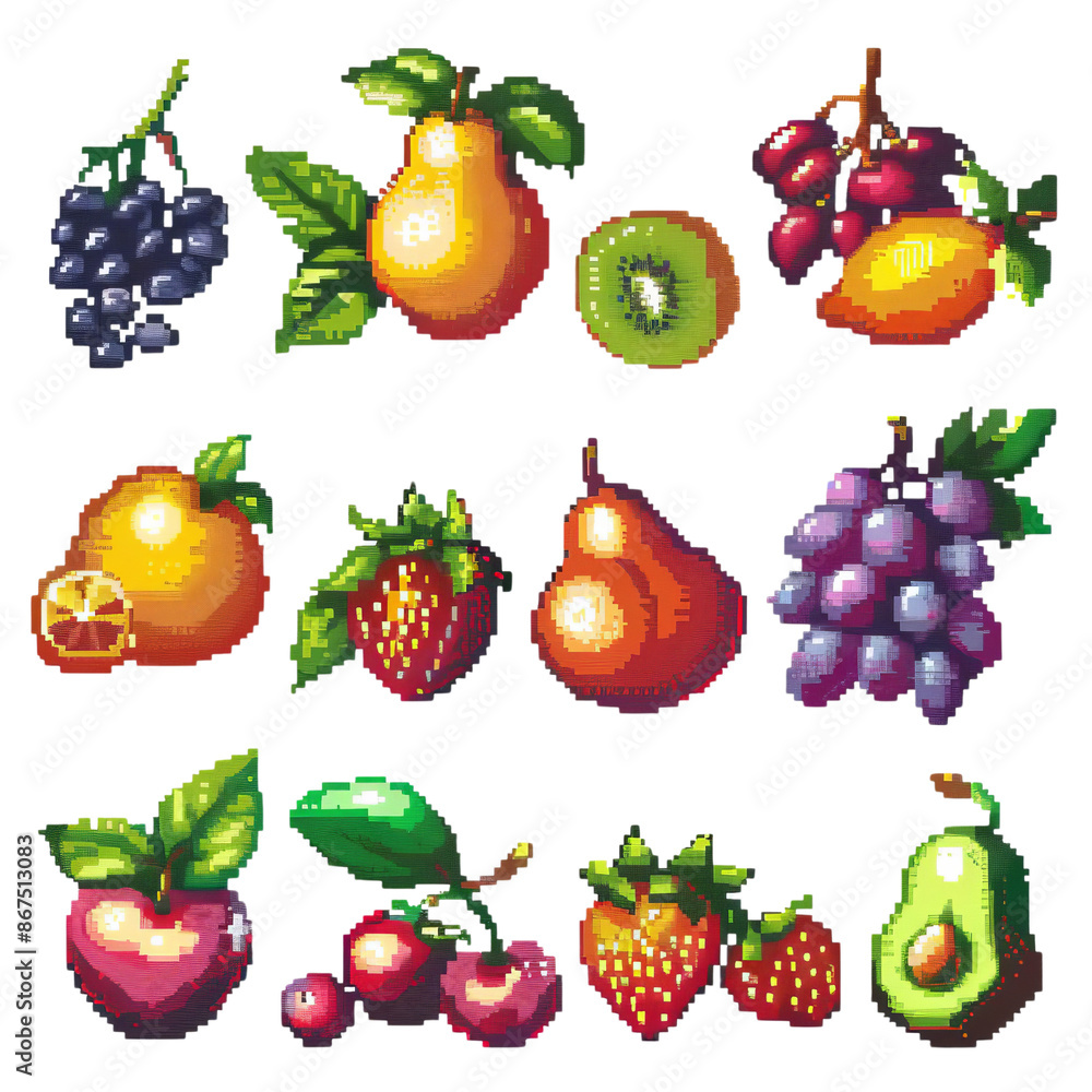 Colorful pixel art depicting various fruits including apples, pears ...