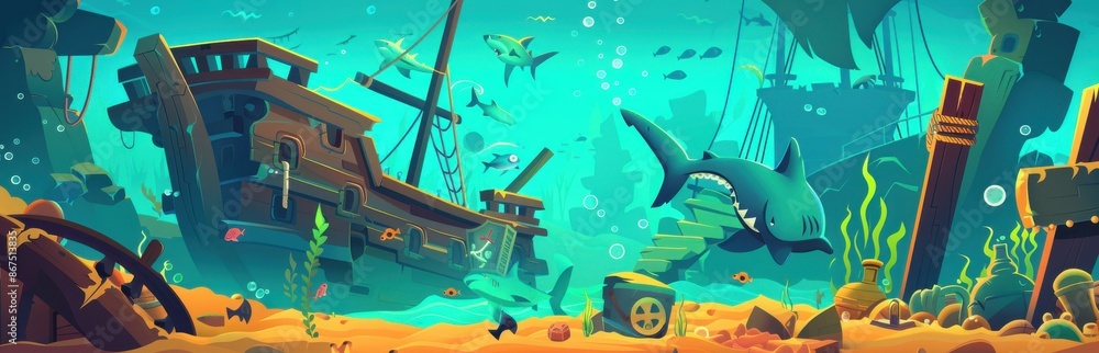 Cartoon illustration of an old sunken pirate ship wreck at the bottom ...